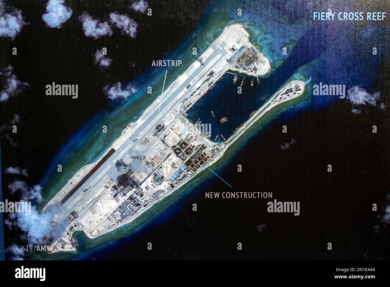 A photograph showing an island that China is building on the Fiery ...