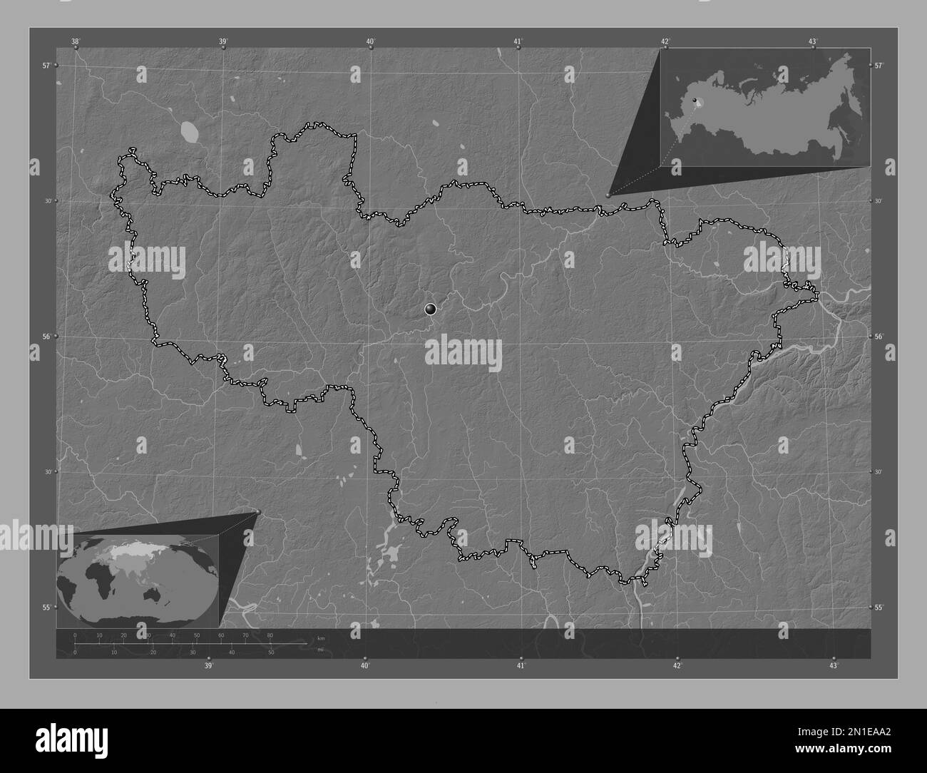 Vladimir, region of Russia. Bilevel elevation map with lakes and rivers ...
