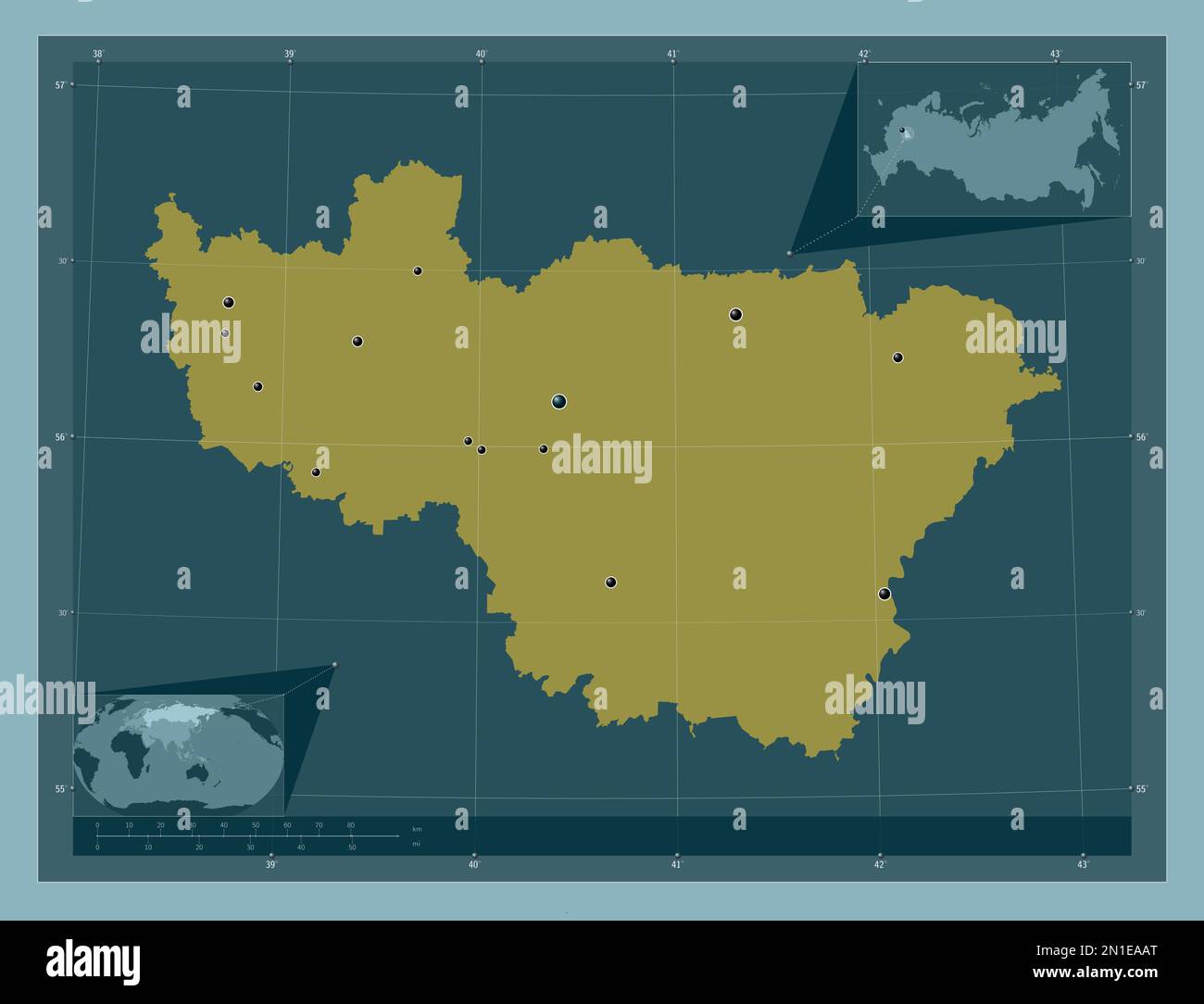 Vladimir, region of Russia. Solid color shape. Locations of major ...