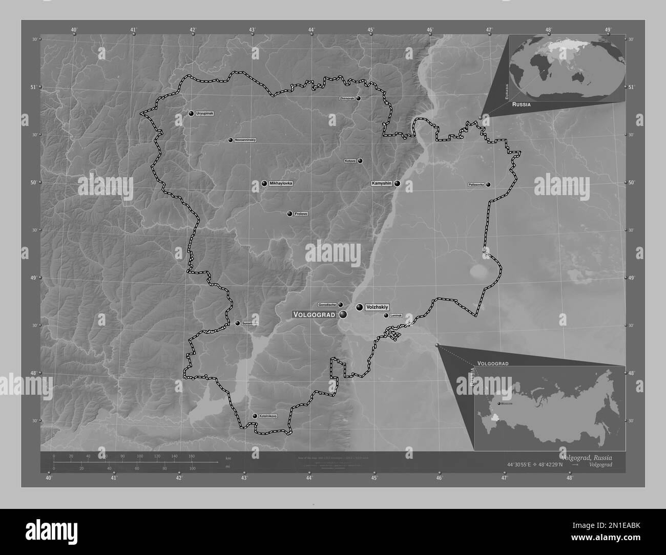 Volgograd, region of Russia. Grayscale elevation map with lakes and ...