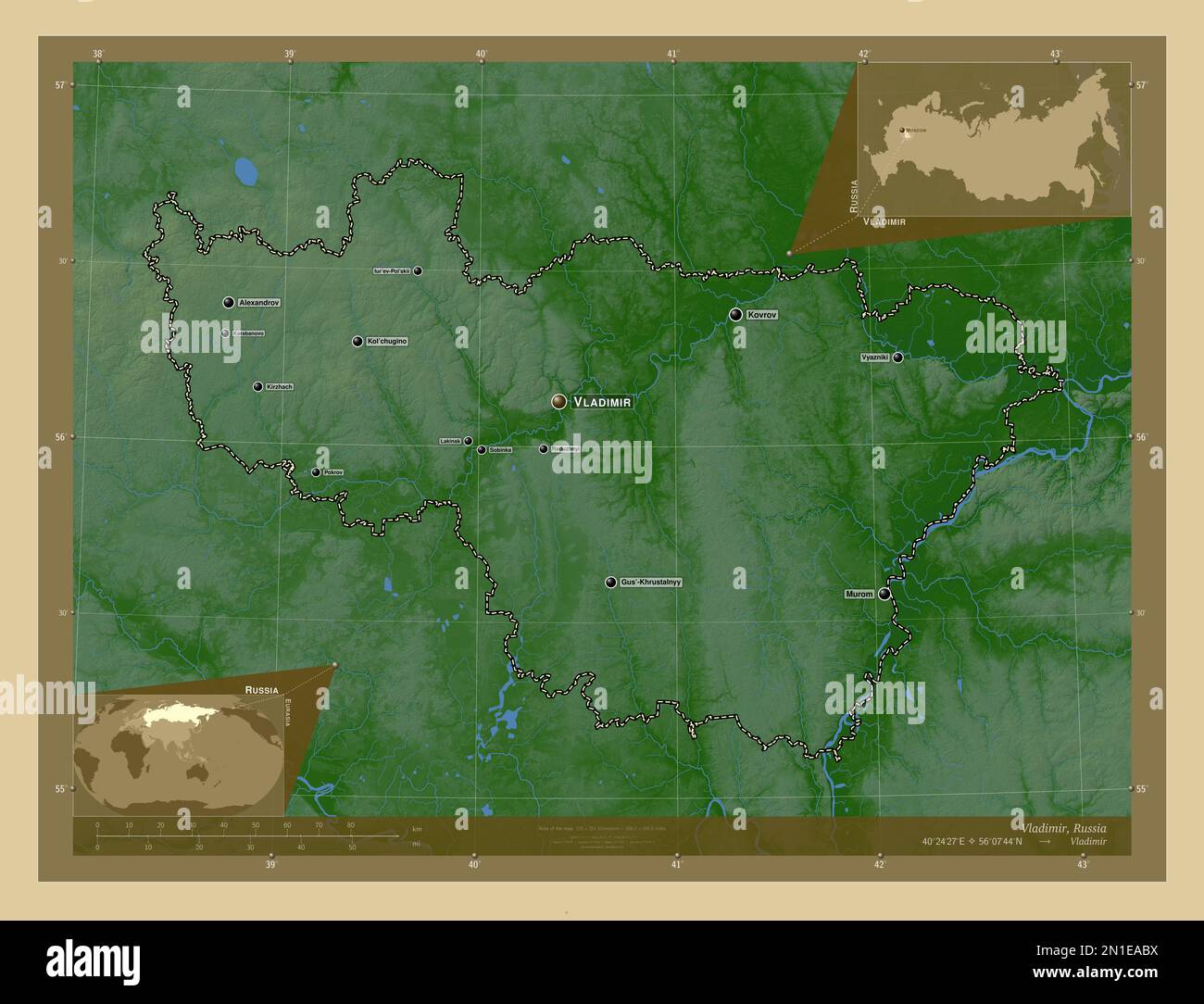 Vladimir, region of Russia. Colored elevation map with lakes and rivers ...