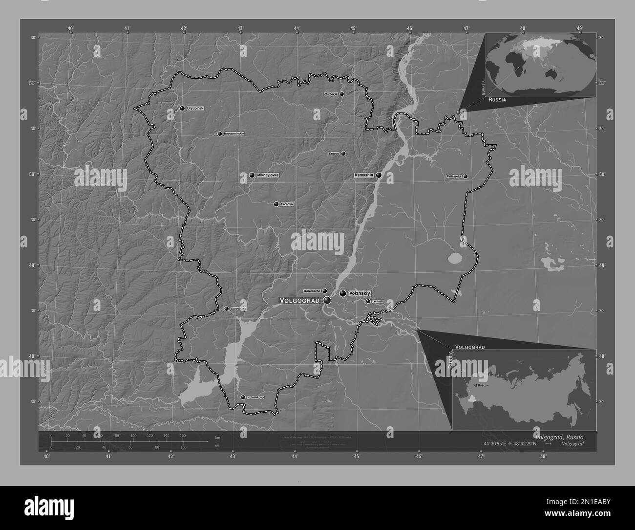 Volgograd, region of Russia. Bilevel elevation map with lakes and ...