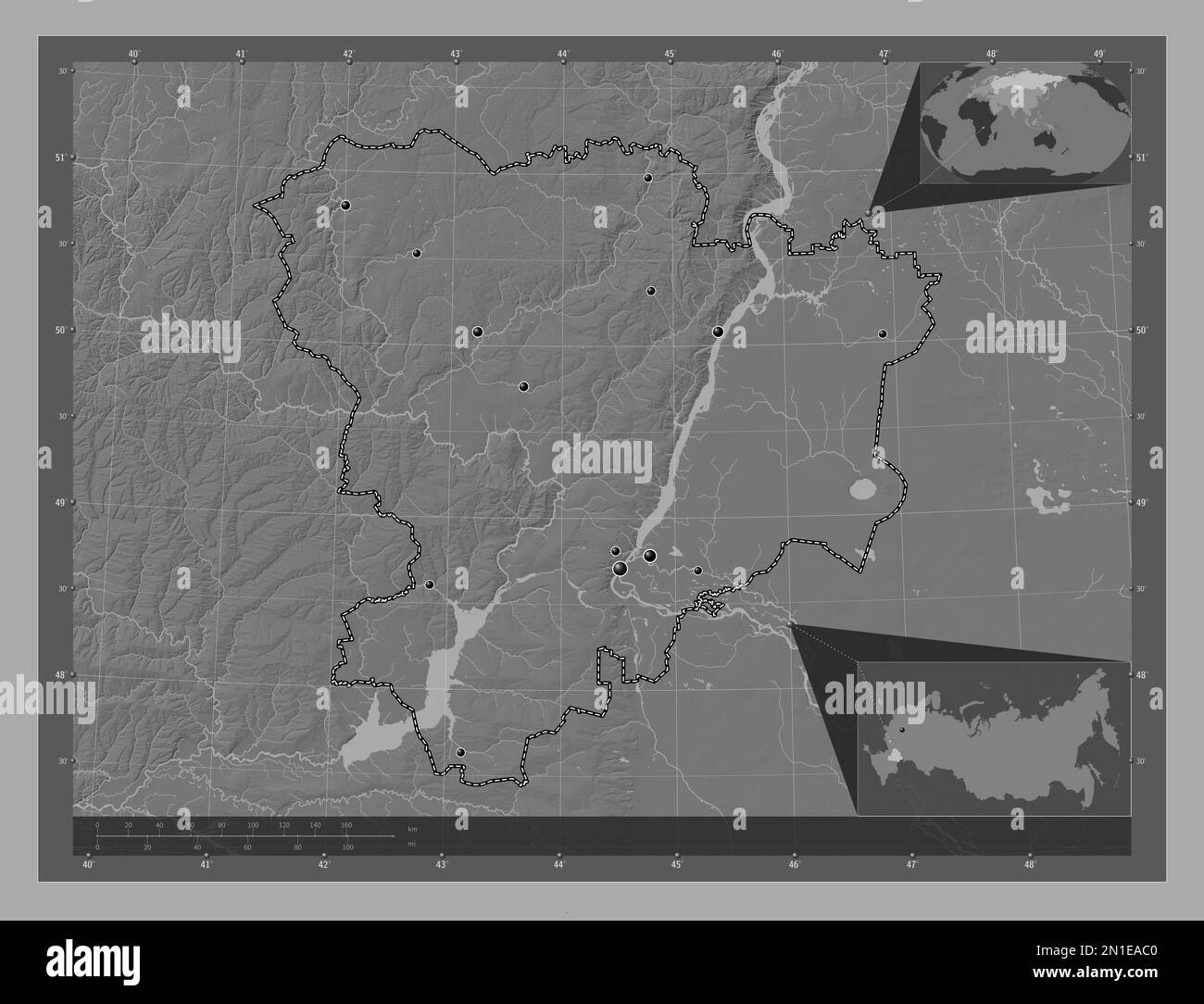 Volgograd, region of Russia. Bilevel elevation map with lakes and ...