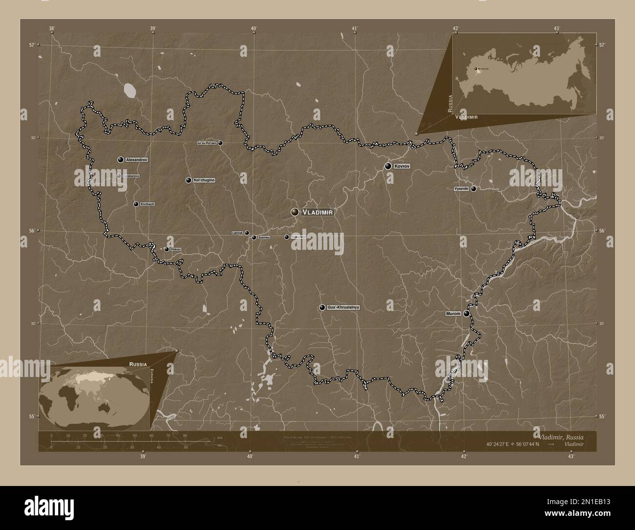 Vladimir, region of Russia. Elevation map colored in sepia tones with ...
