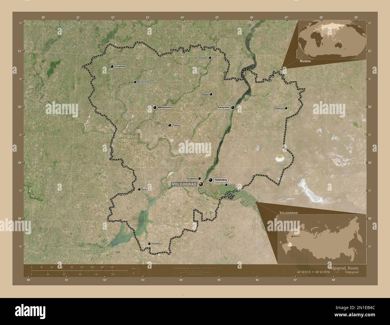 Volgograd, region of Russia. Low resolution satellite map. Locations ...
