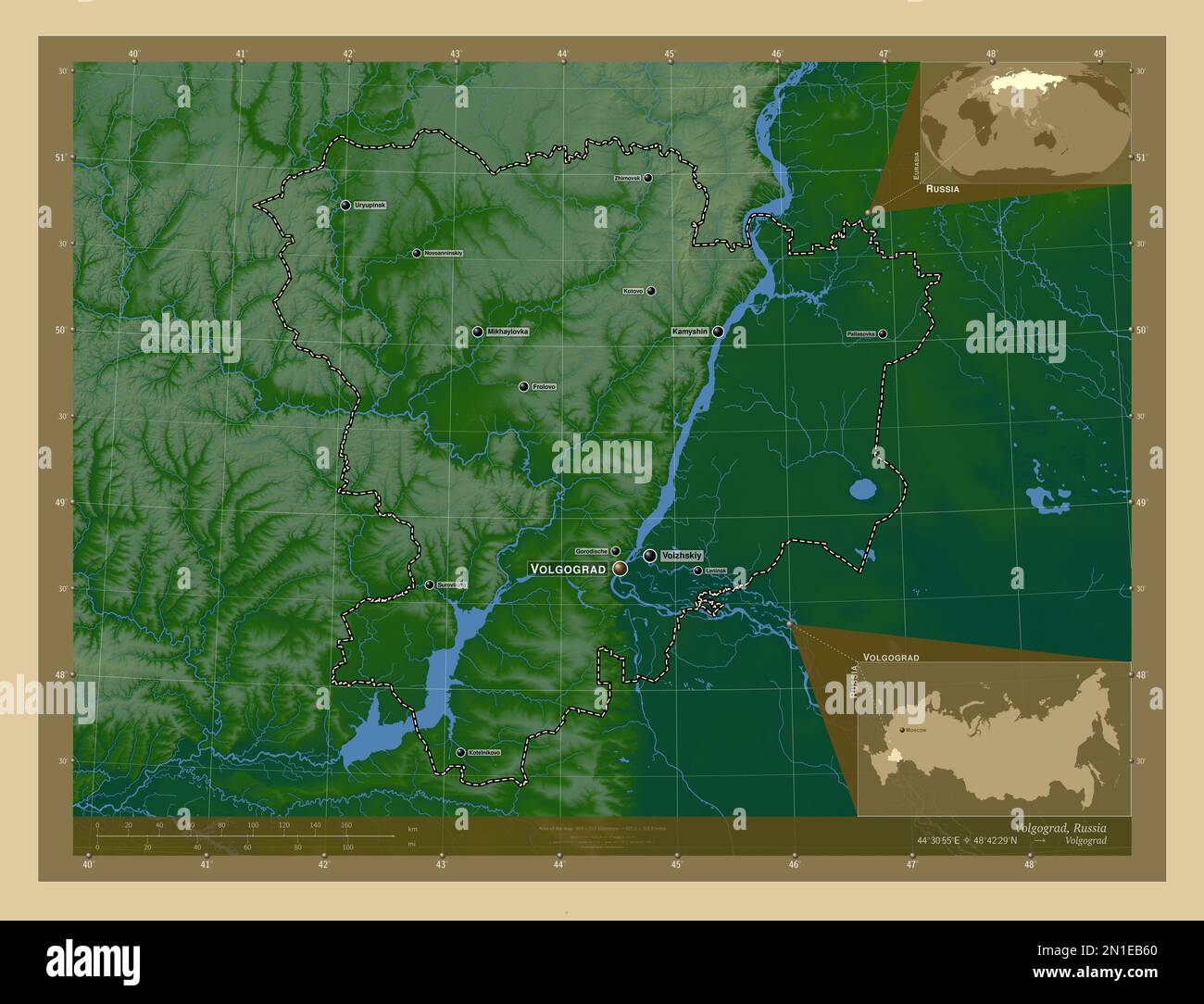 Volgograd, region of Russia. Colored elevation map with lakes and ...