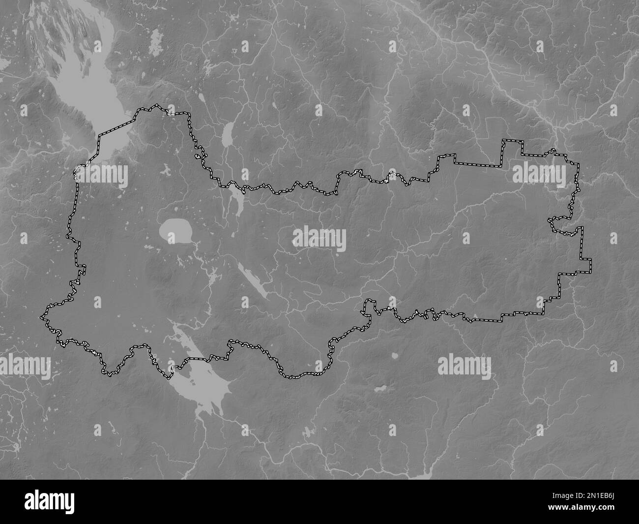 Vologda, region of Russia. Grayscale elevation map with lakes and ...