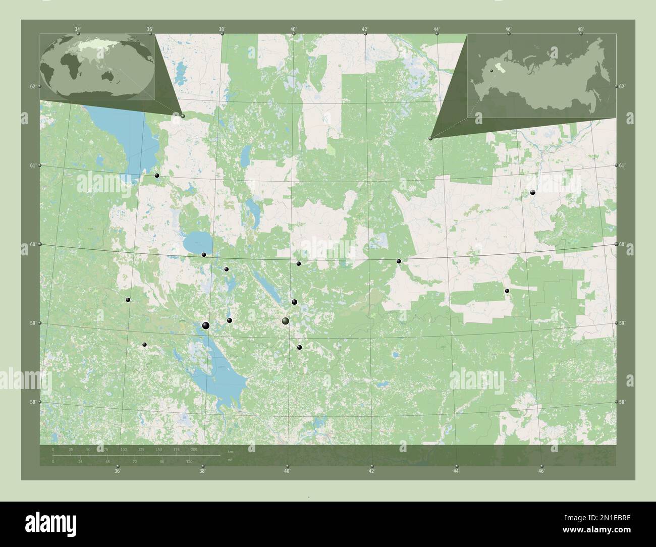 Vologda, region of Russia. Open Street Map. Locations of major cities ...