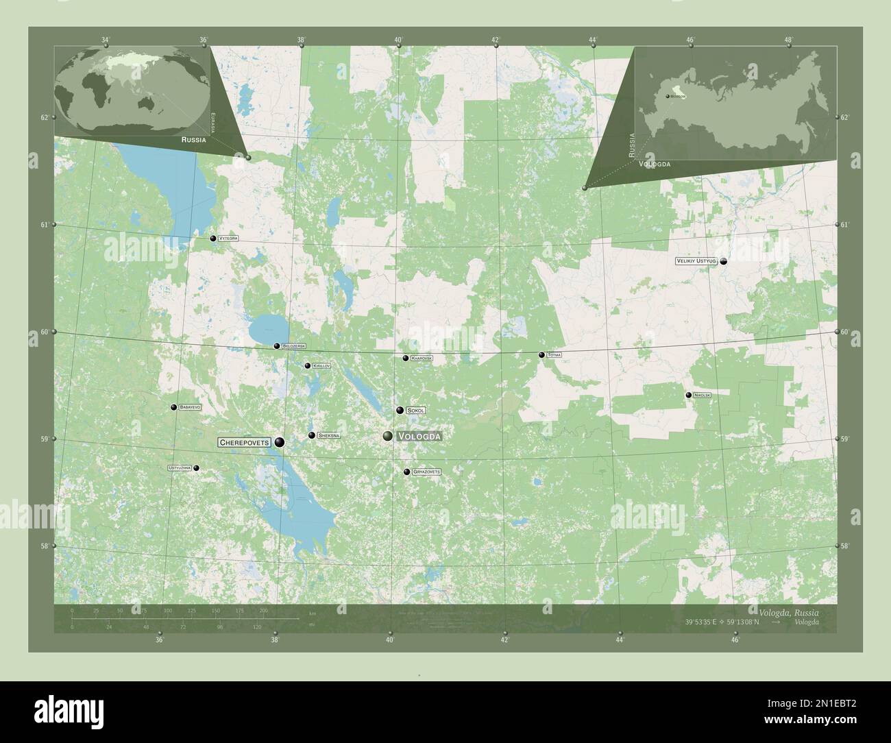 Vologda, region of Russia. Open Street Map. Locations and names of ...