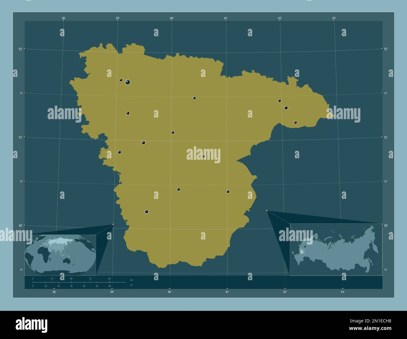 Voronezh, region of Russia. Solid color shape. Locations of major ...