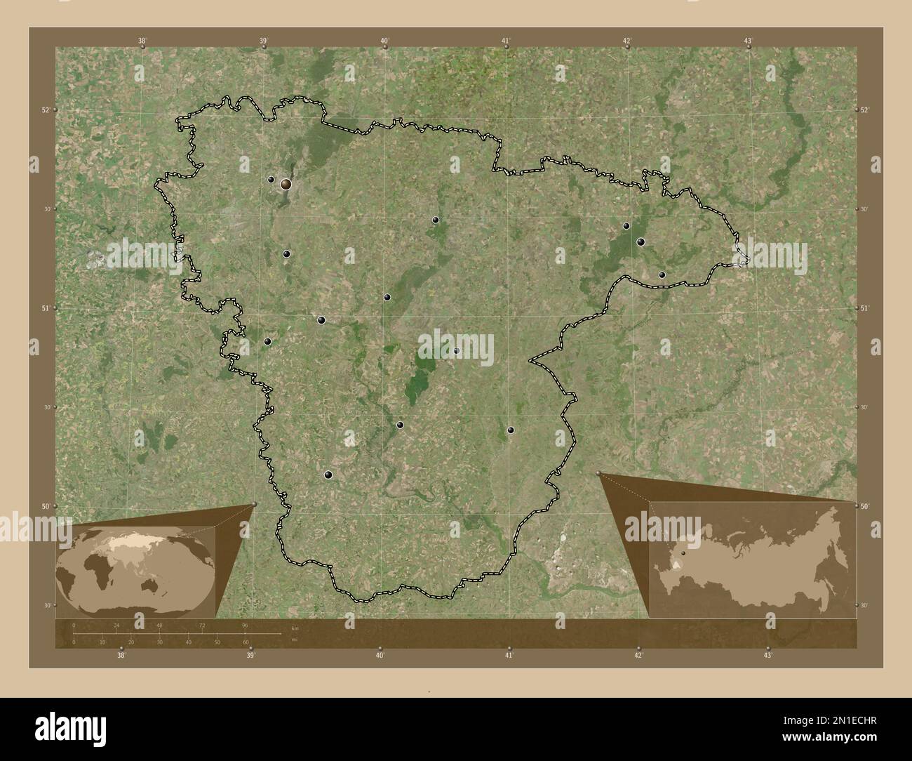 Voronezh, region of Russia. Low resolution satellite map. Locations of ...