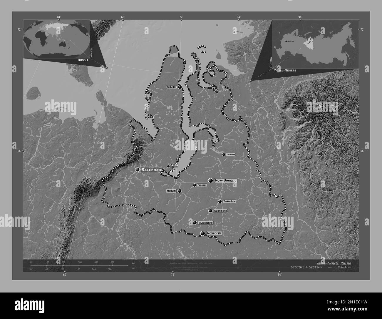 Yamal-Nenets, autonomous province of Russia. Bilevel elevation map with ...