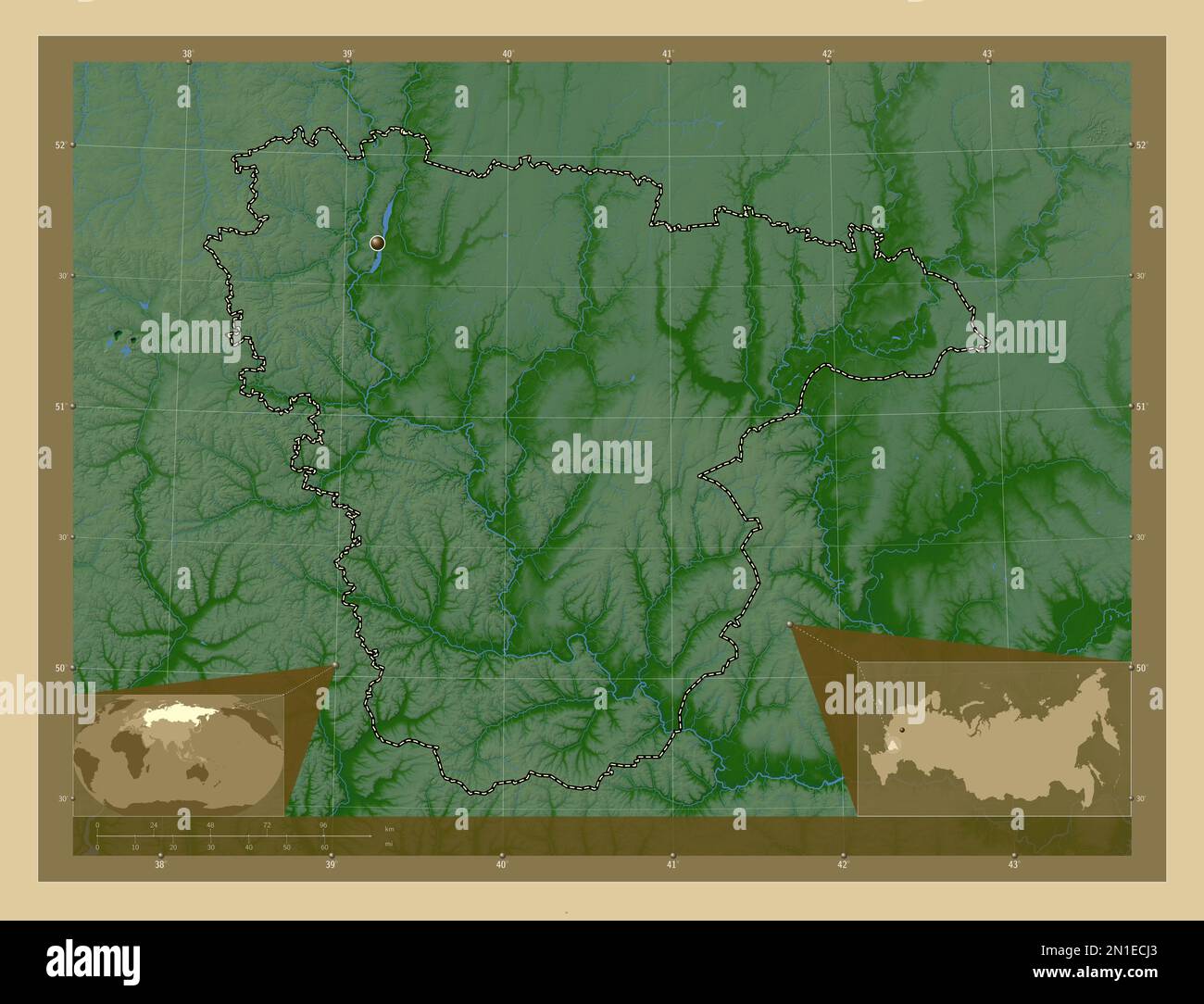 Voronezh, region of Russia. Colored elevation map with lakes and rivers ...