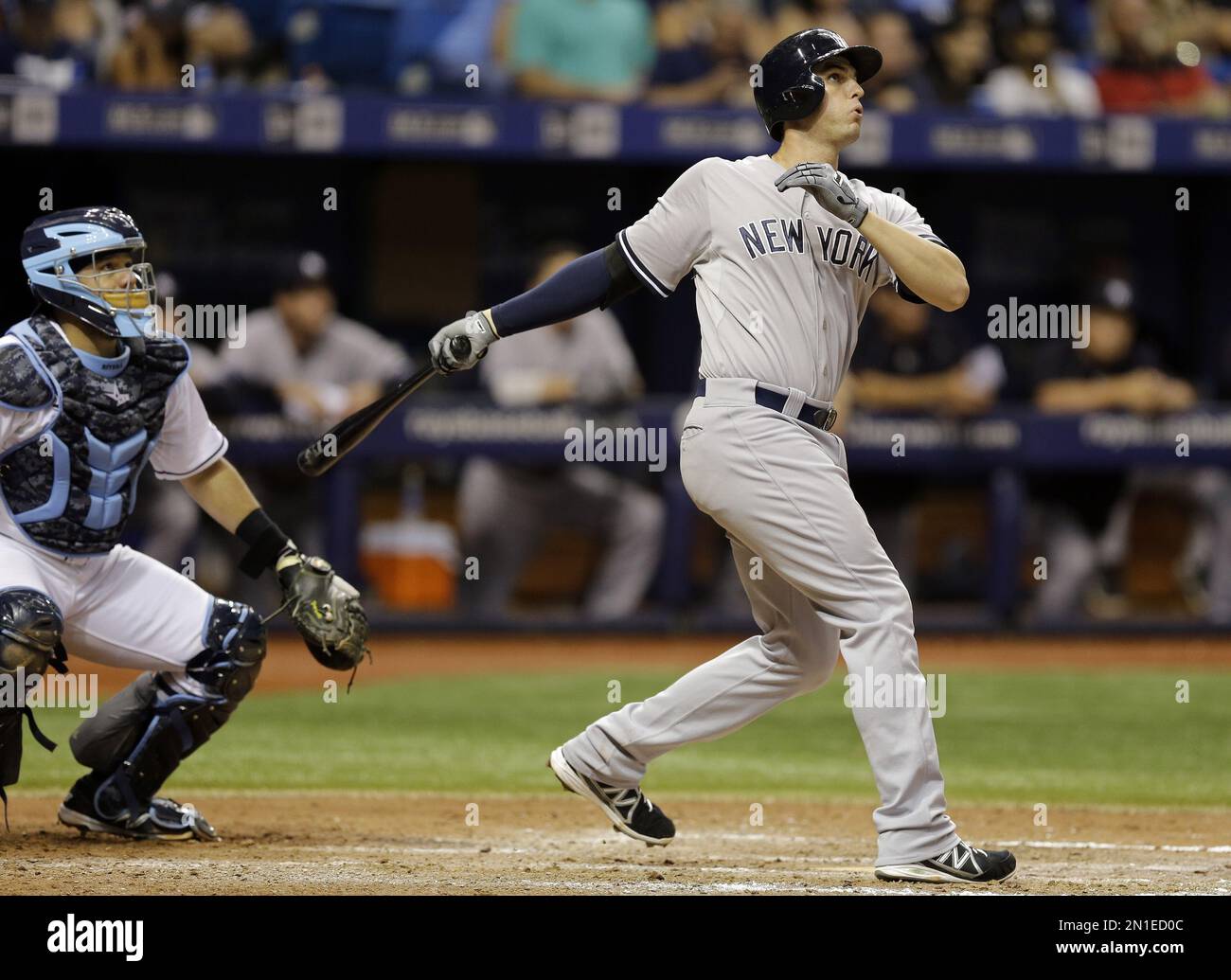 New York Yankees' Greg Bird follows the flight of his home run off ...