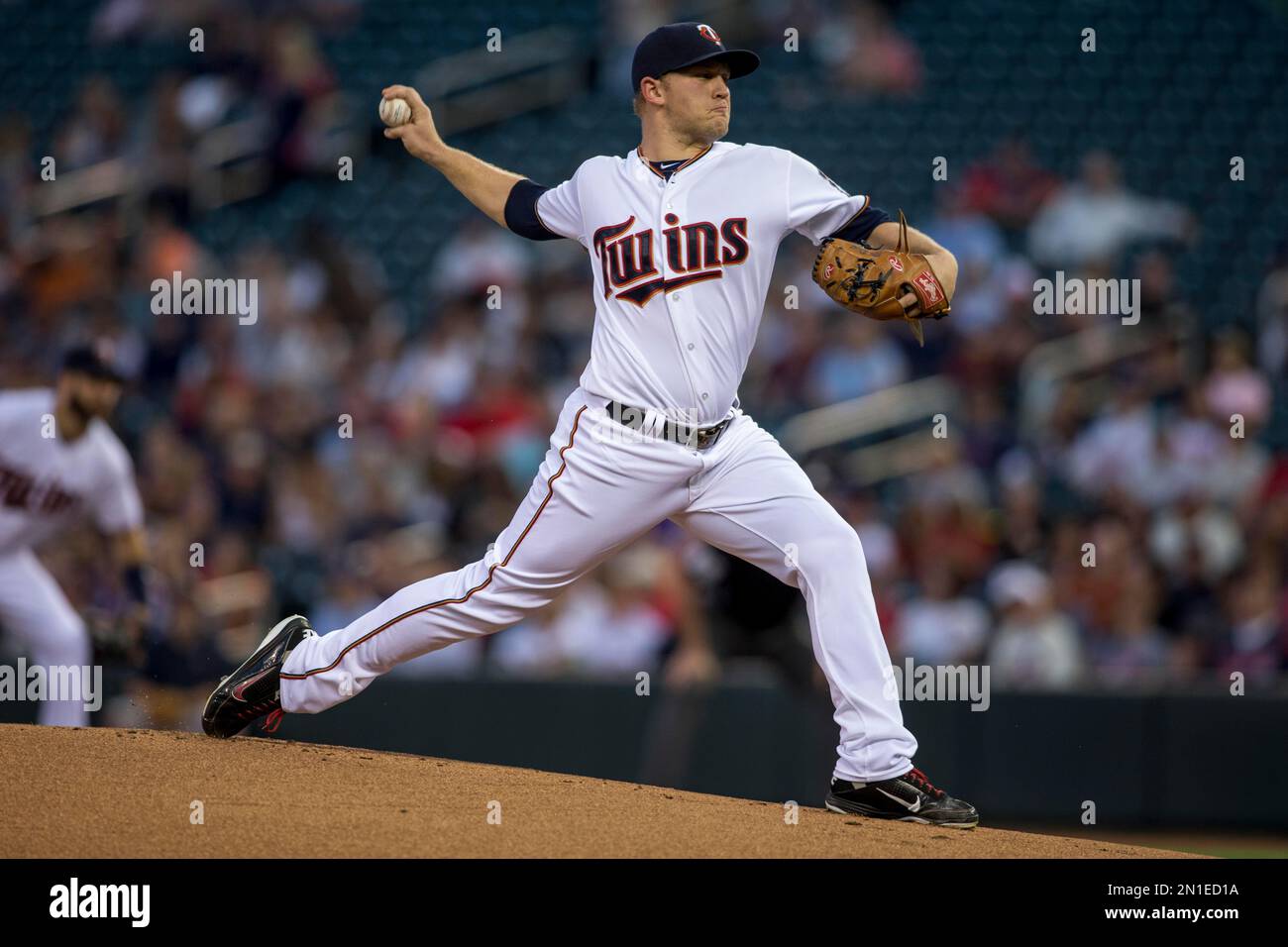 Minnesota Twins starting pitcher Tyler Duffey (56) pitches to the ...