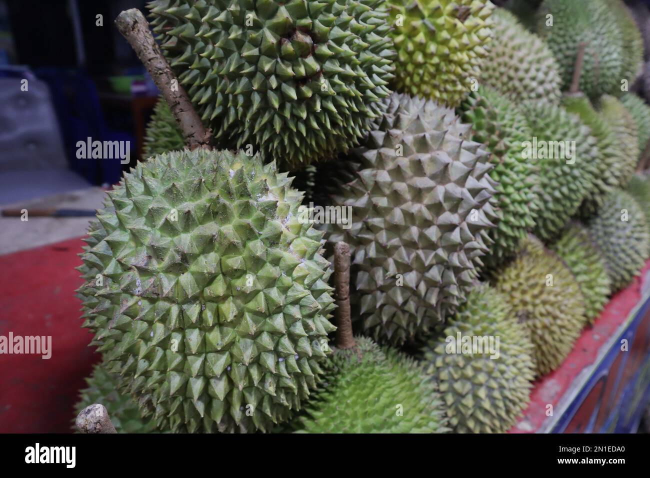 Durian fruit on display at a local roadside hawker stall Stock Photo ...