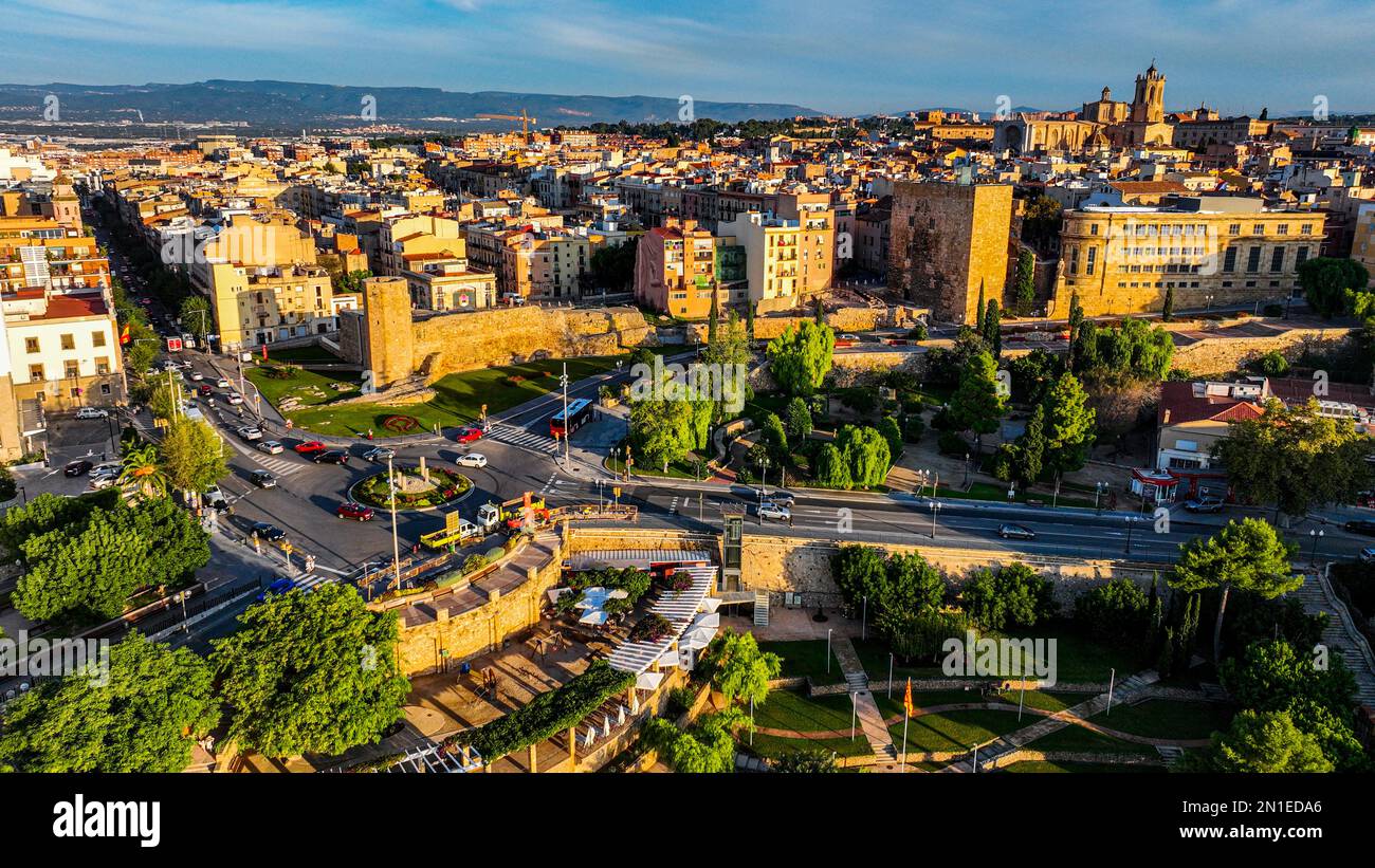 Aerial of the old town early morning, Tarraco (Tarragona), Catalonia ...