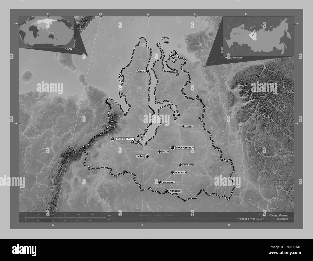 Yamal-Nenets, autonomous province of Russia. Grayscale elevation map ...