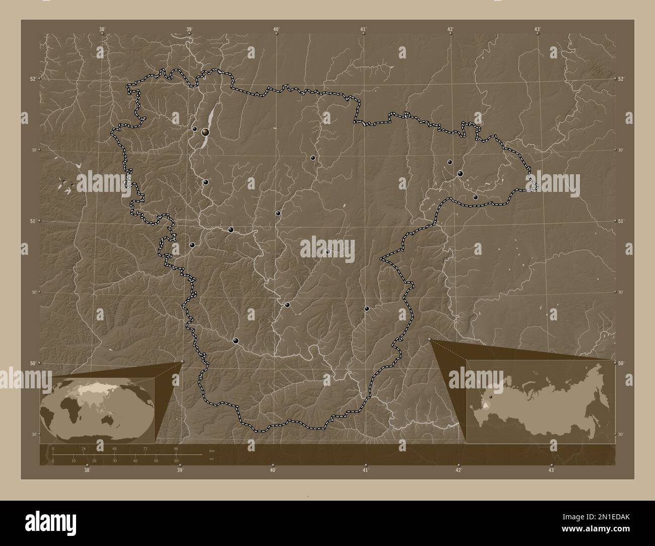 Voronezh, region of Russia. Elevation map colored in sepia tones with ...