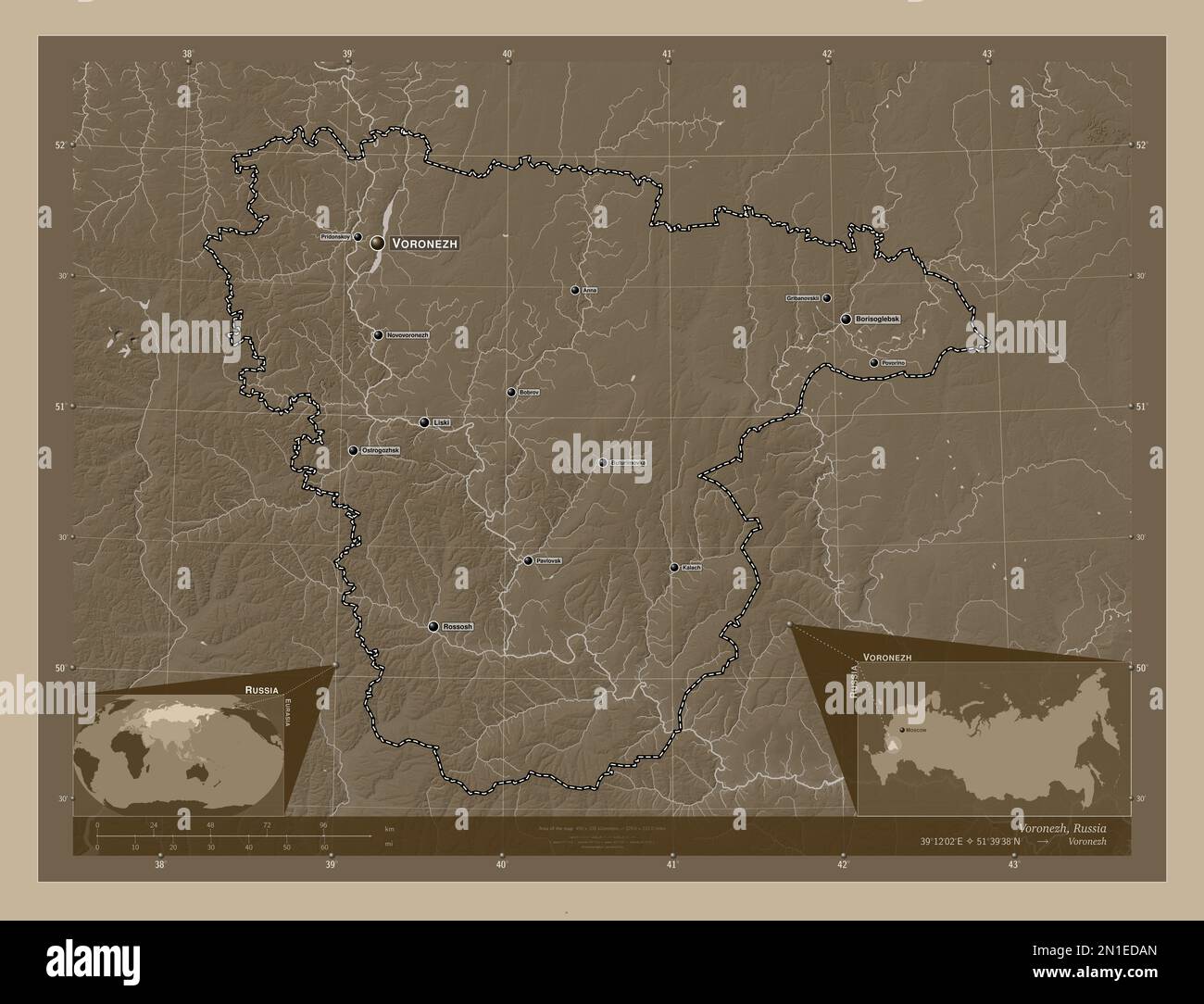 Voronezh, region of Russia. Elevation map colored in sepia tones with ...