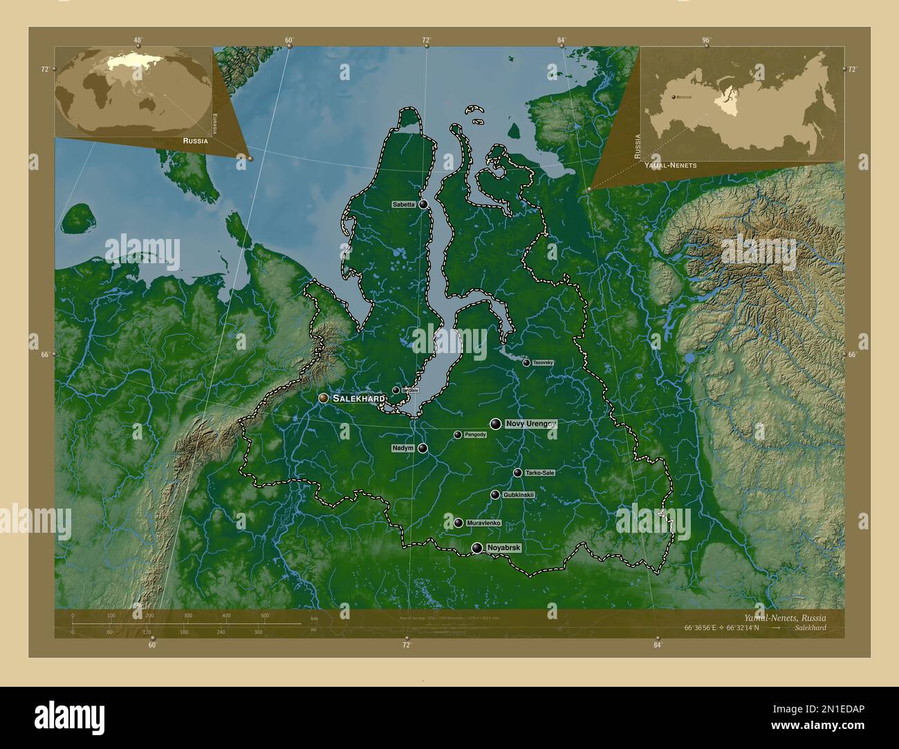 Yamal-Nenets, autonomous province of Russia. Colored elevation map with ...