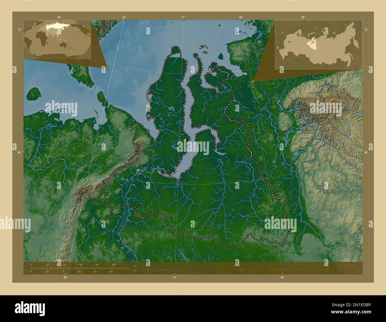 Yamal-Nenets, autonomous province of Russia. Colored elevation map with ...
