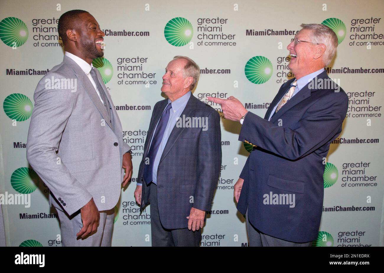 Miami Heat's Dwyane Wade, left, golfer Jack Nicklaus, center, and ...