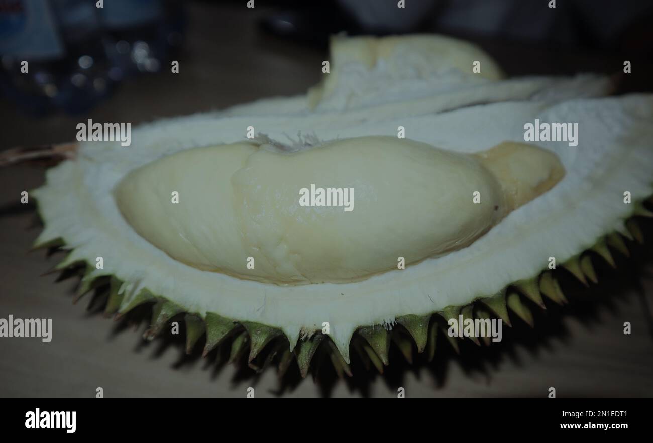 Top view of fresh yellow Durian fruit with blurred background Stock ...