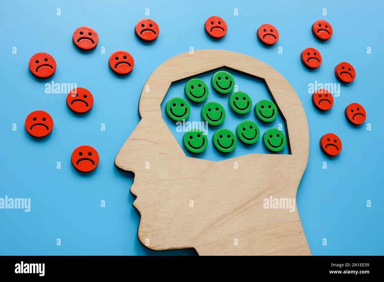 Head with smileys and sad emoticons around. Positive attitude and ...