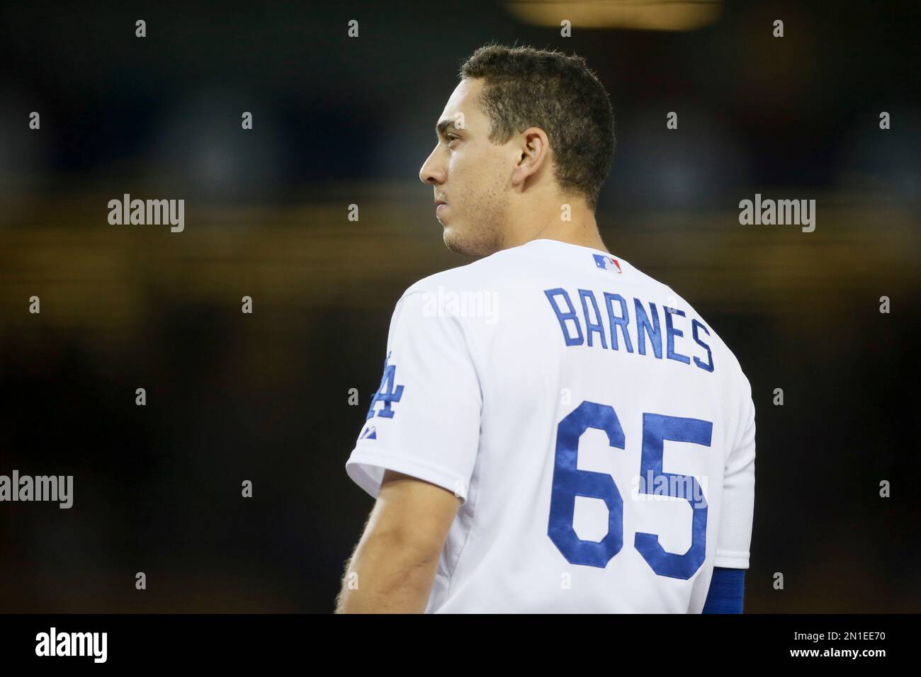 Los Angeles Dodgers catcher Austin Barnes looks on against the Colorado ...