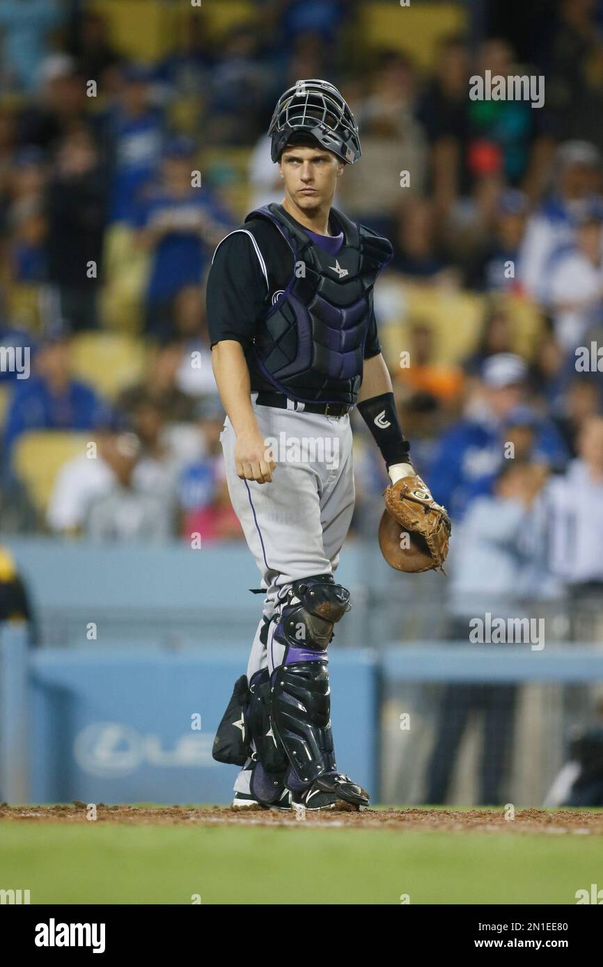 Colorado Rockies catcher Tom Murphy looks on against the Los Angeles ...
