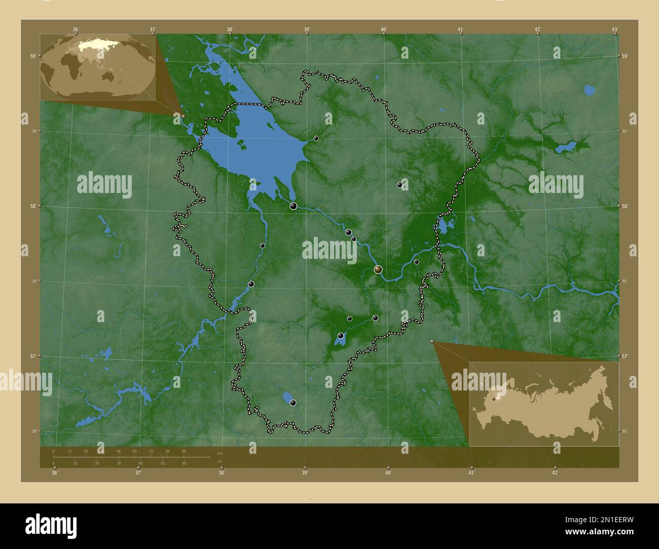 Yaroslavl', region of Russia. Colored elevation map with lakes and ...