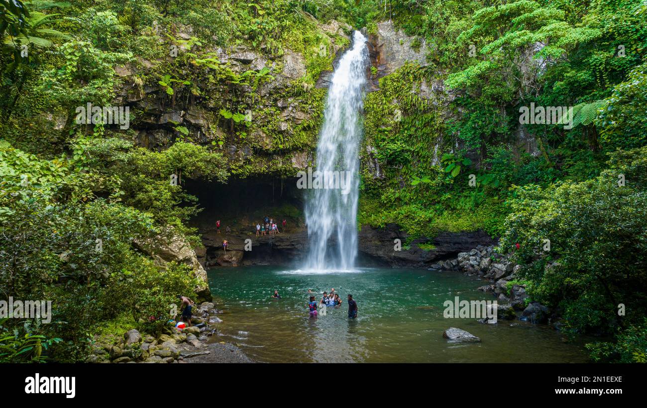 Aerial of the Tavoro Falls, Bouma National Park, Taveuni, Fiji, South ...
