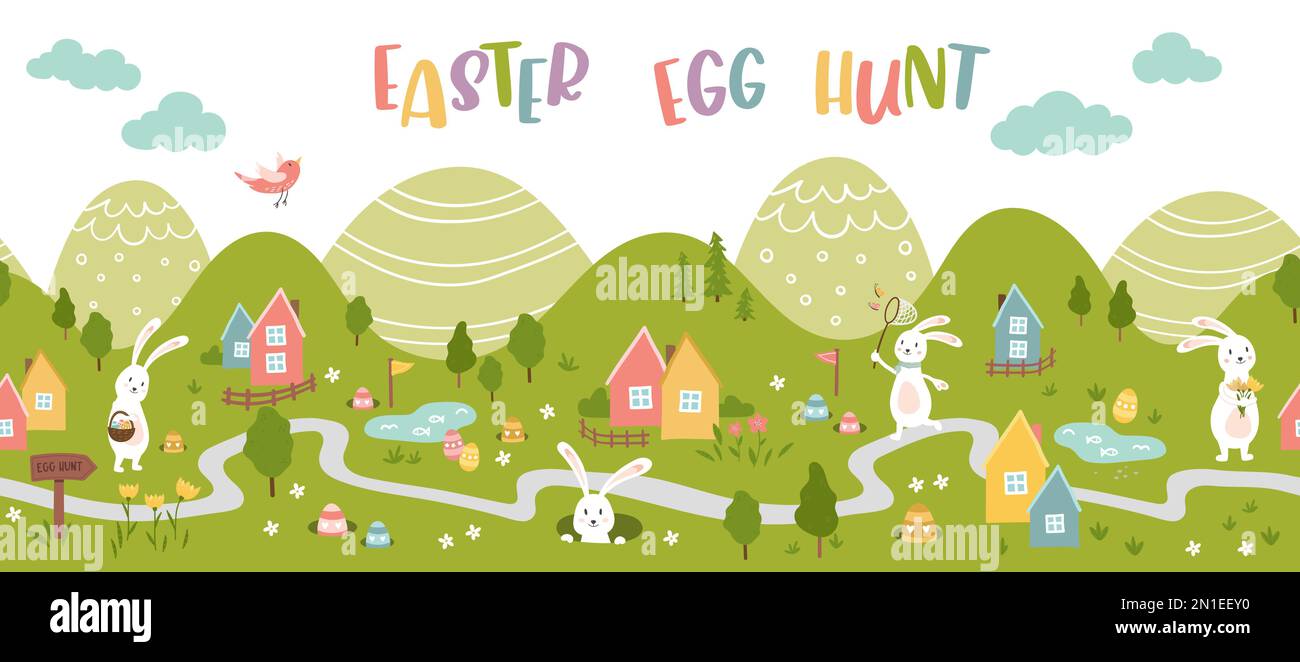 Cute Easter Egg hunt design, map for children, hand drawn with cute ...