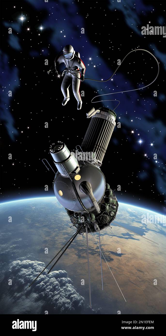 First spacewalk from Voskhod-2 spacecraft. 3d rendering. 3D ...