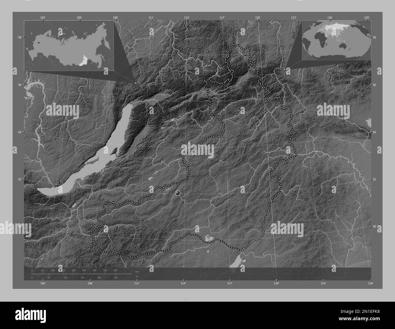 Zabaykal'ye, territory of Russia. Grayscale elevation map with lakes and rivers. Corner ...