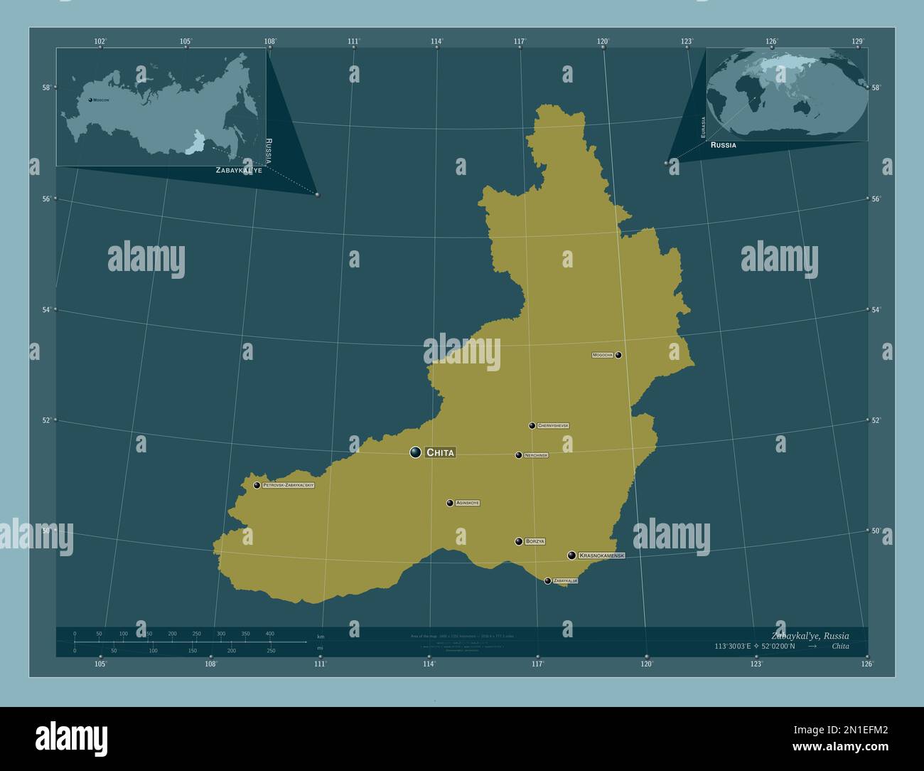 Zabaykal'ye, territory of Russia. Solid color shape. Locations and ...