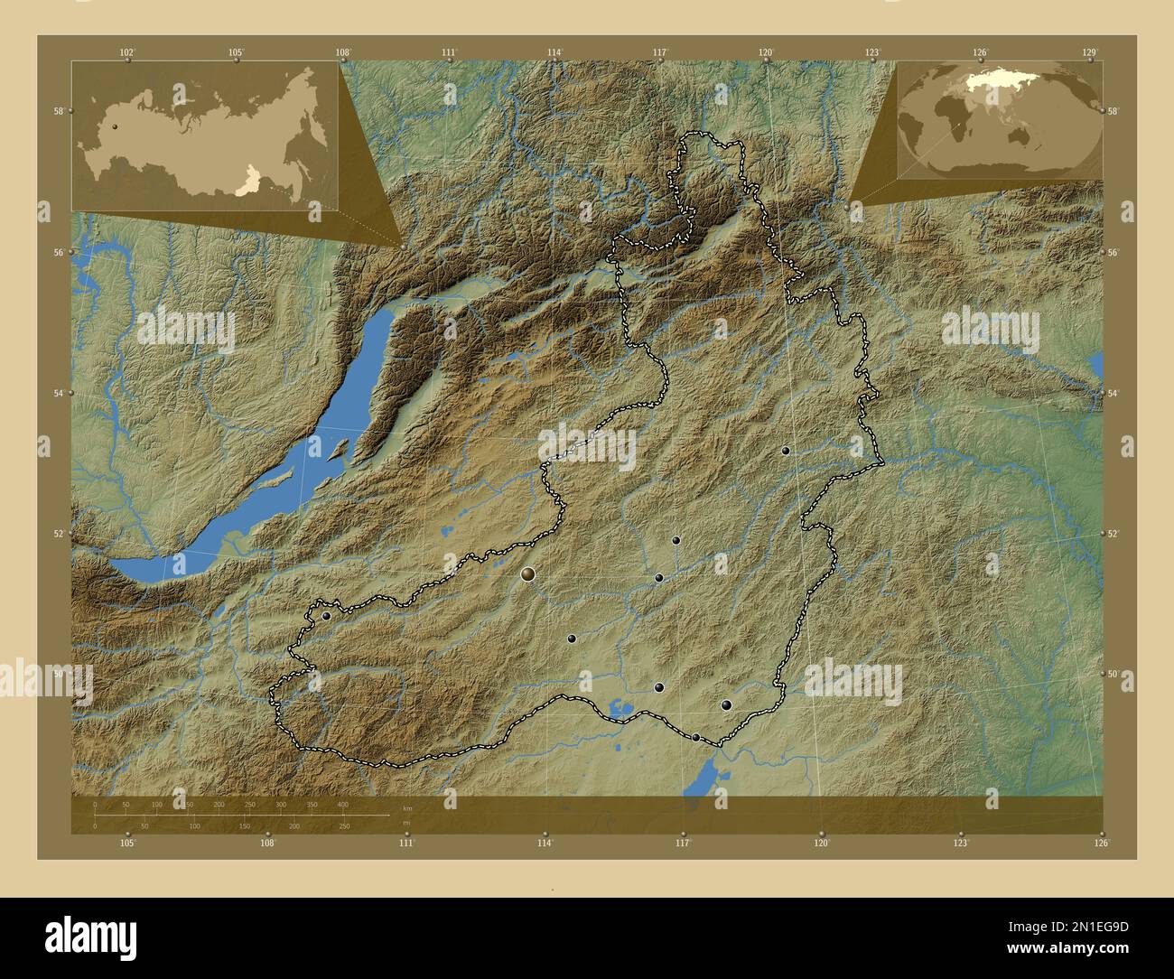 Zabaykal'ye, territory of Russia. Colored elevation map with lakes and ...