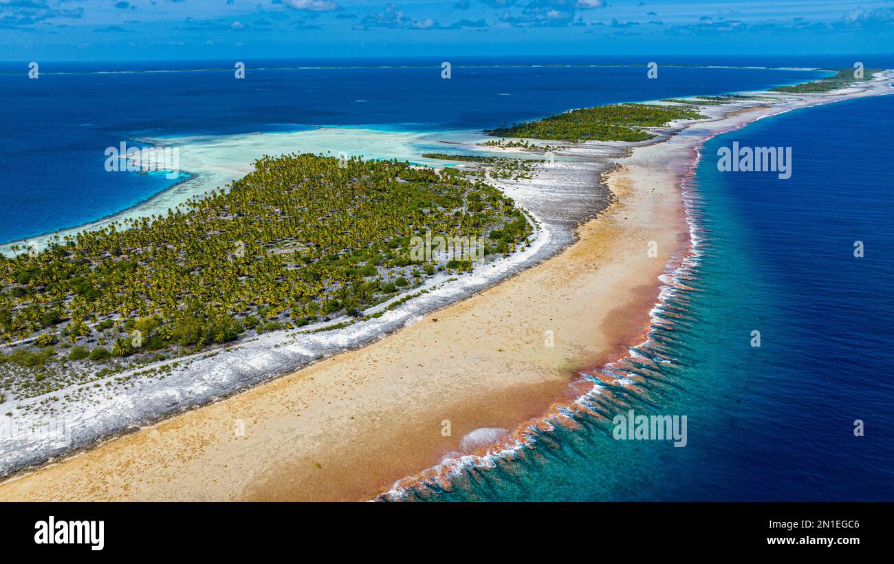 Aerial of the Amaru atoll, Tuamotu Islands, French Polynesia, South ...