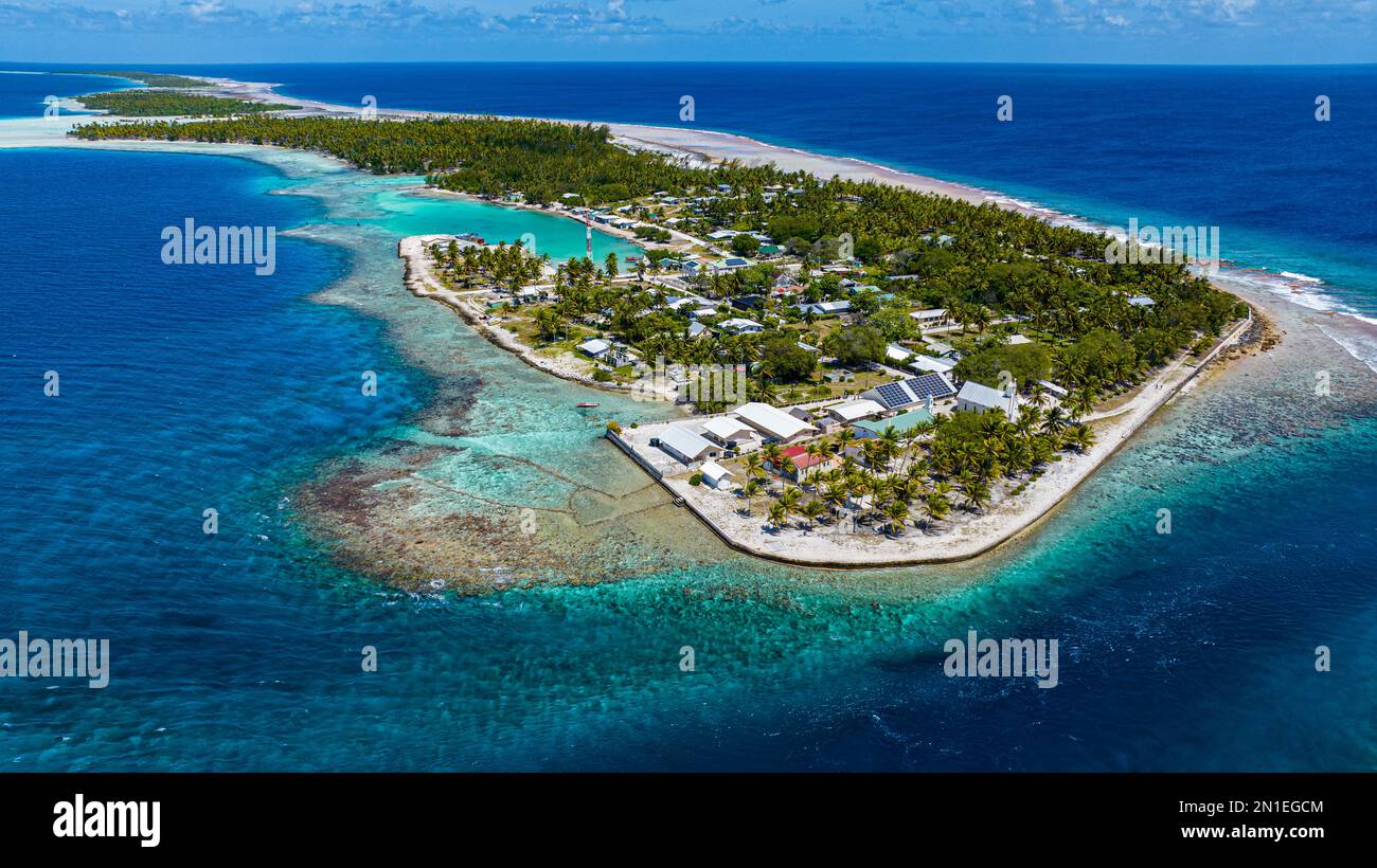Aerial of the Amaru atoll, Tuamotu Islands, French Polynesia, South ...