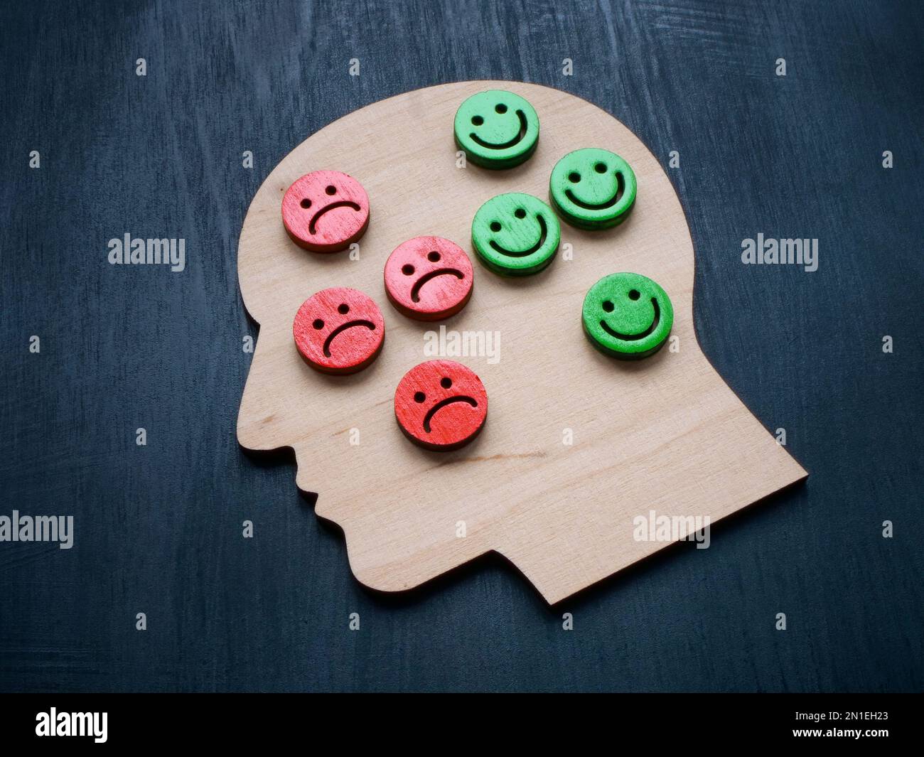 Head with sad and happy smileys. Psychology, mood and emotions concept ...