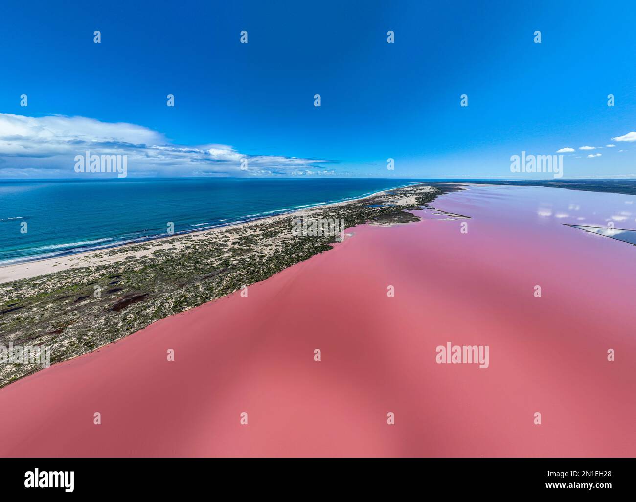 Aerial of the pink coloured Hutt Lagoon, Western Australia, Australia ...