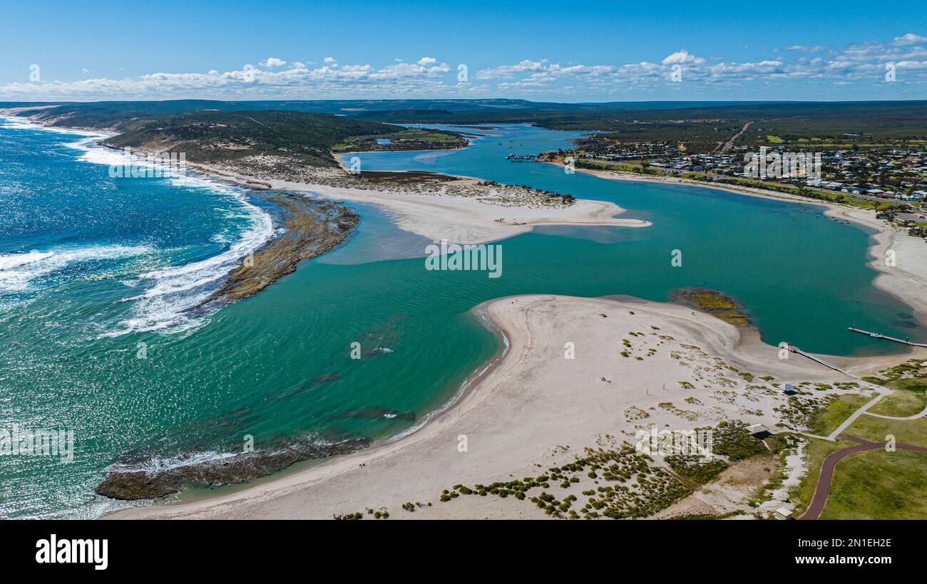 Aerial of the Kalbarri River in Kalbarri at the river mouth, Western ...
