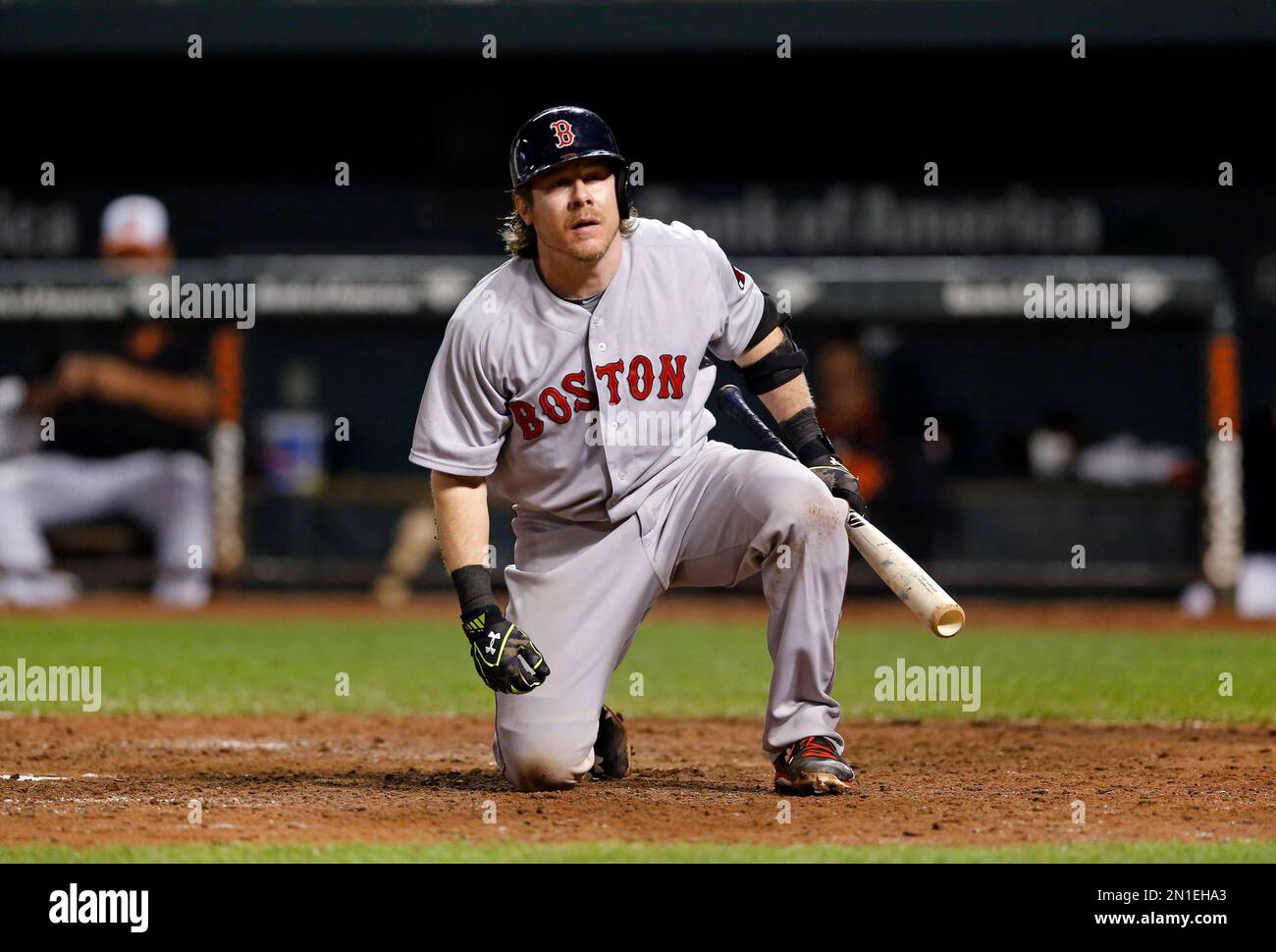 Boston Red Sox' Ryan Hanigan gets up after falling to avoid a wide ...