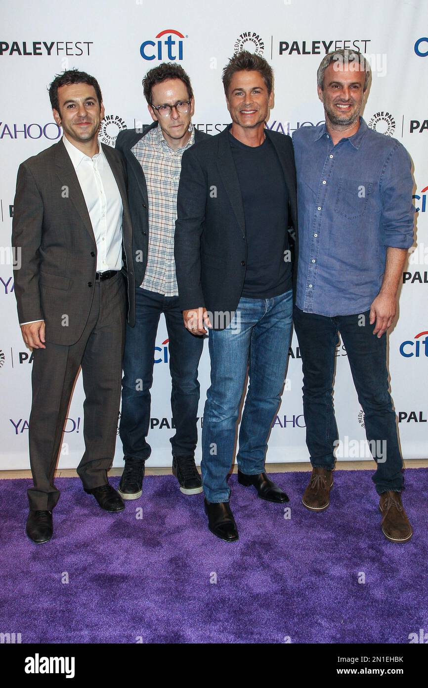 From left, Fred Savage, Jarrad Paul, Rob Lowe, and Andrew Mogel attend ...