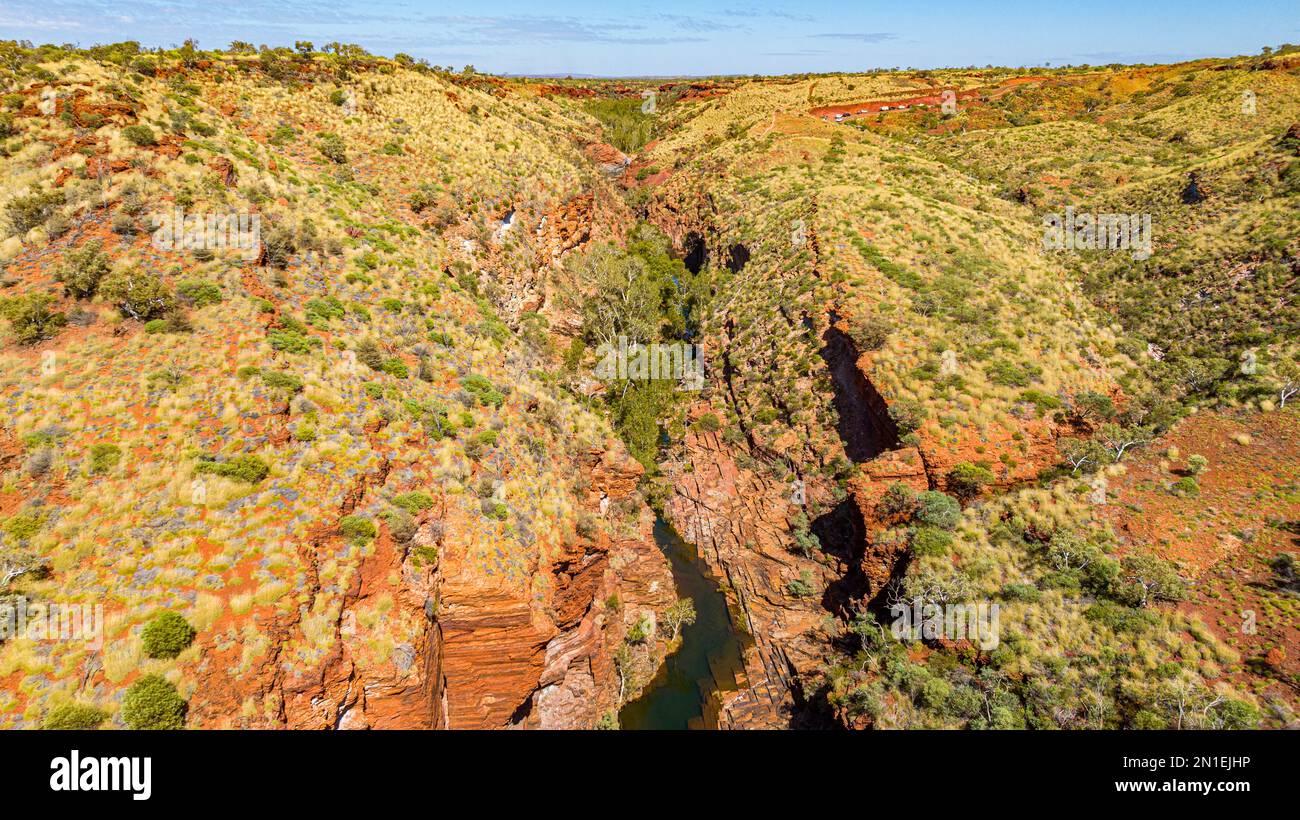 Aerial of Hammersley Gorge, Karijini National Park, Western Australia ...