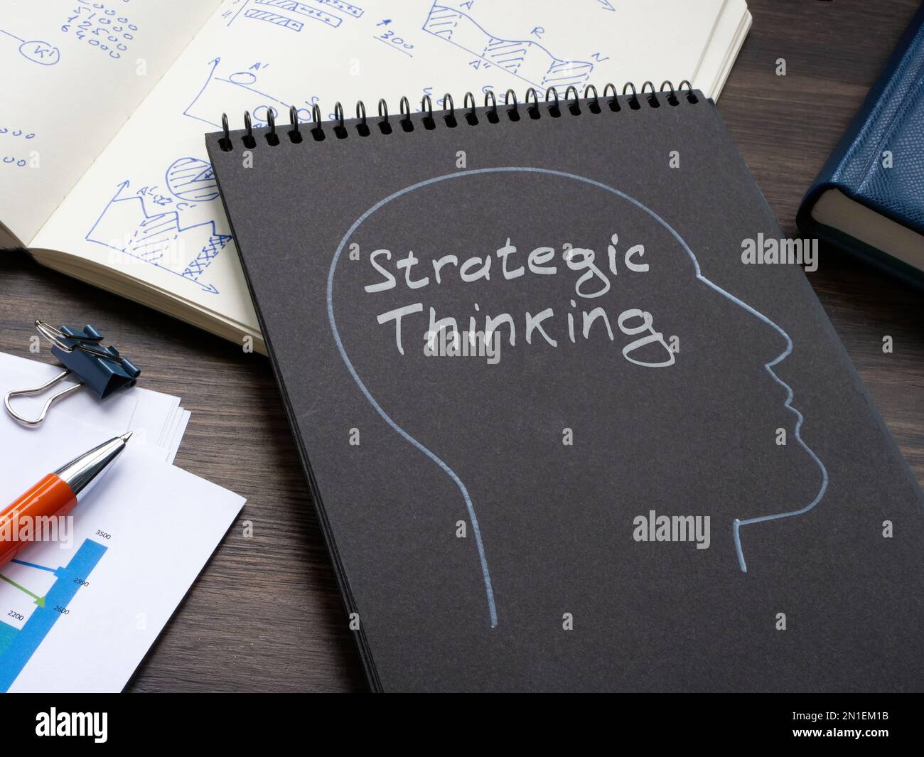Notepad with drawn head and sign strategic thinking Stock Photo - Alamy