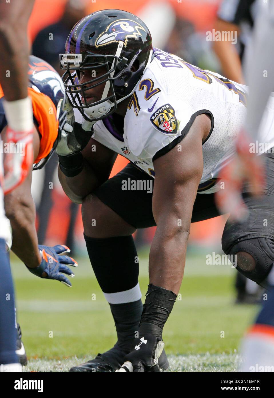 Baltimore Ravens guard Kelechi Osemele lines up during an NFL football ...