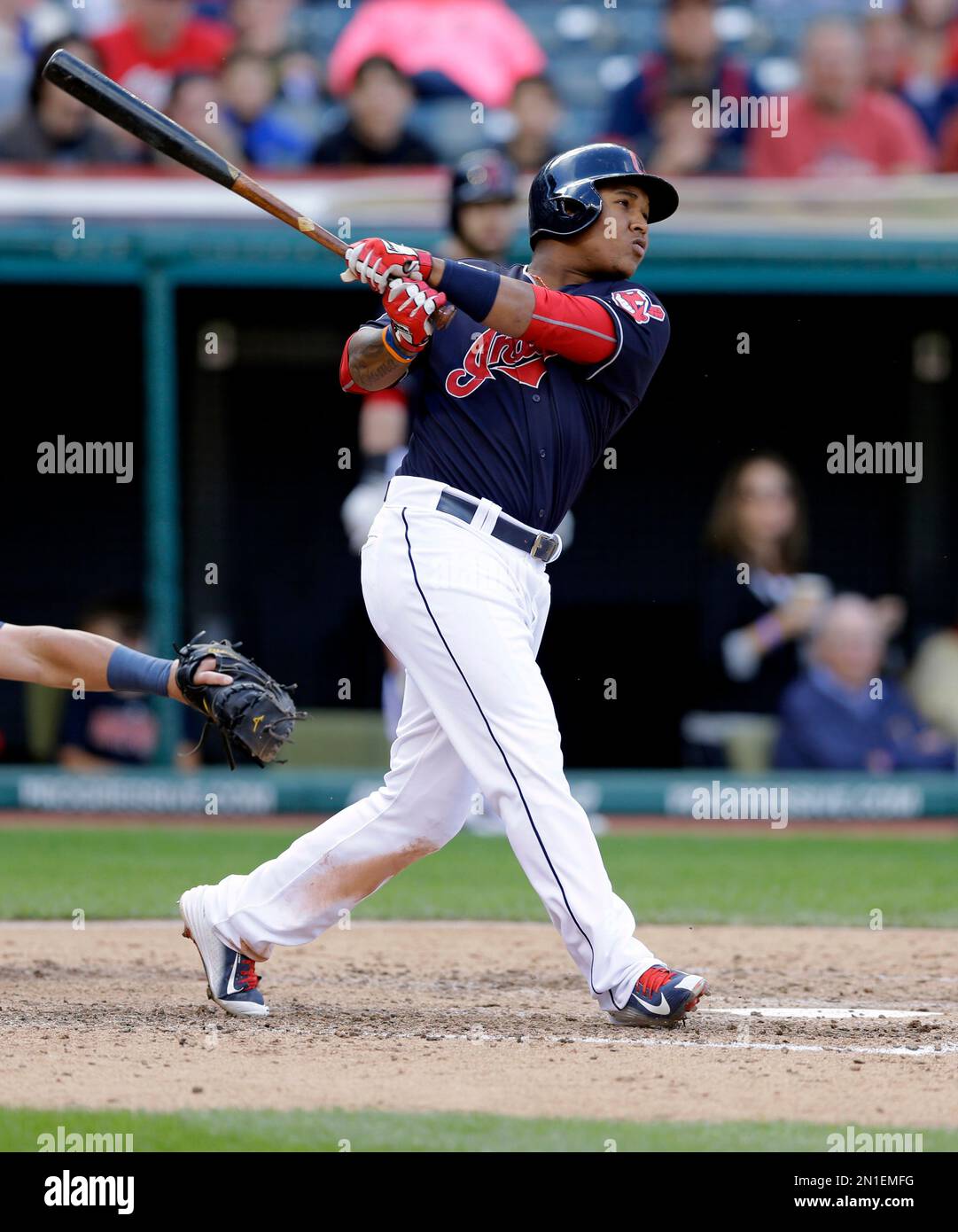 Cleveland Indians’ Jose Ramirez bats against the Detroit Tigers in the ...