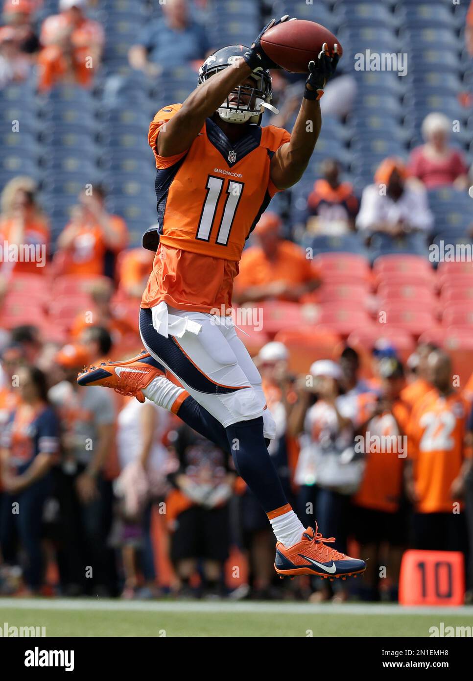 Denver Broncos wide receiver Jordan Norwood catches pass before an NFL ...